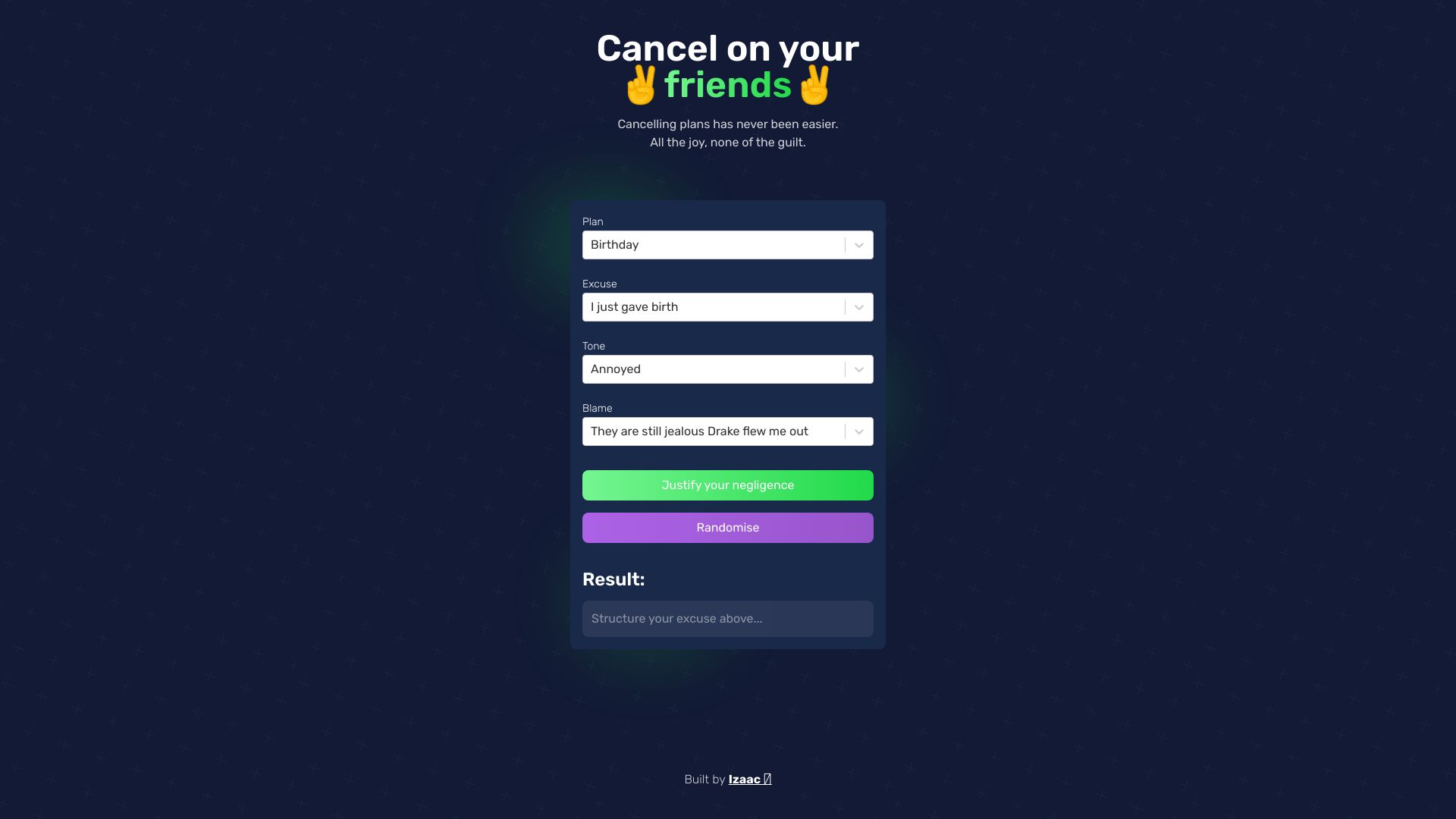 Cancel On Your ️friends ️ - AI-powered excuse generator for canceling ...