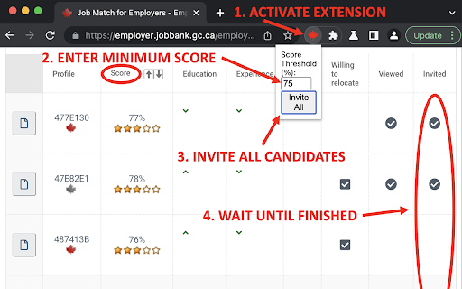 JobBank.gc.ca Extension - スコアの閾値に基づいてJobBank.gc.caで候補者の招待を自動化する拡張機能 ...