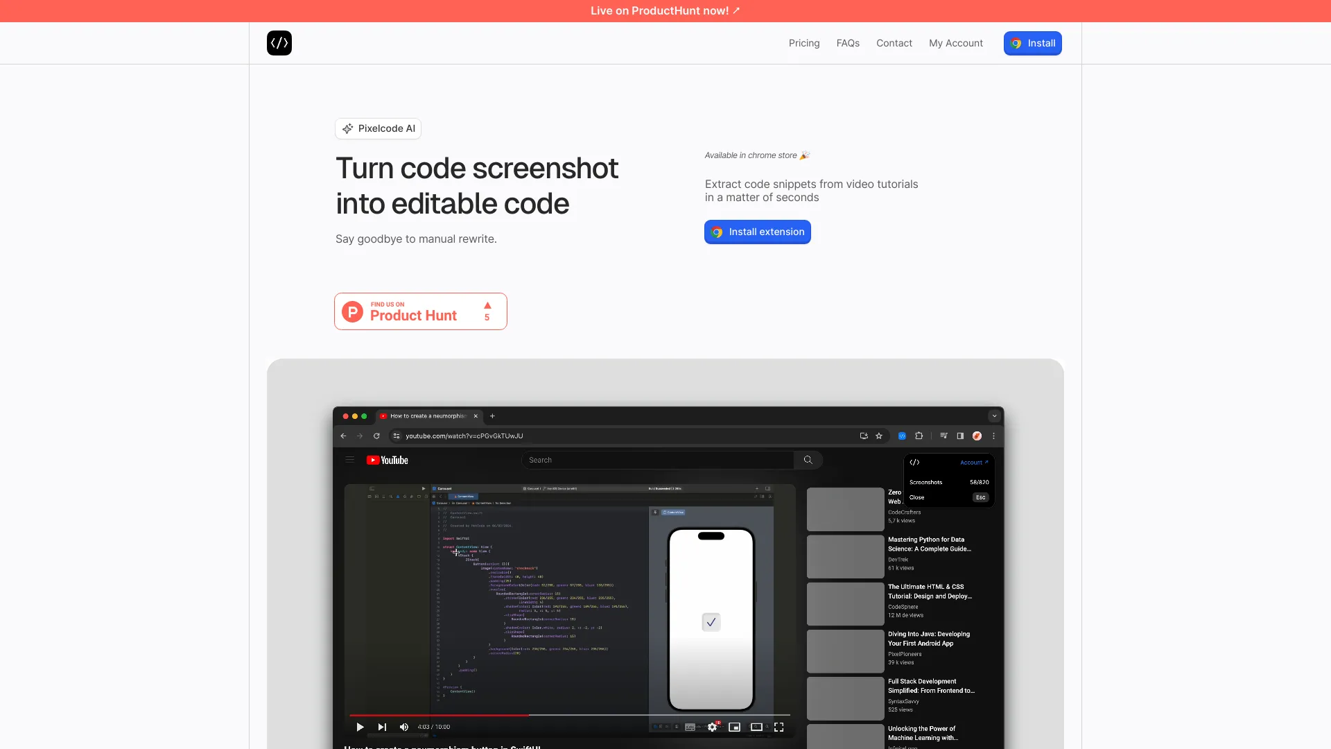 Pixelcode - Pixelcode extracts editable code from screenshots, videos, images, and PDFs. | AI-U.com