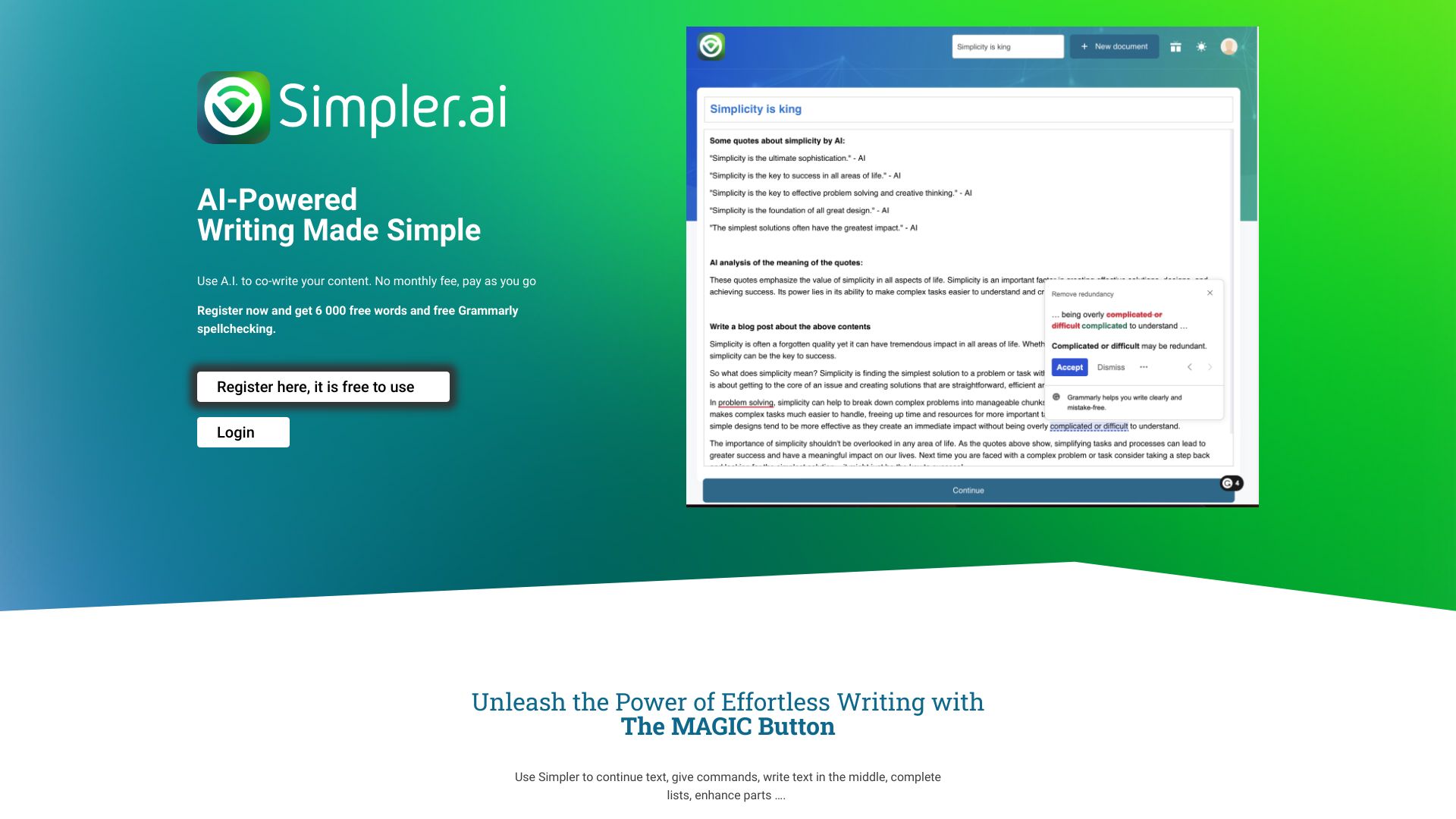 Simpler AI - Simpler.ai is an AI-powered writing tool for co-writing ...