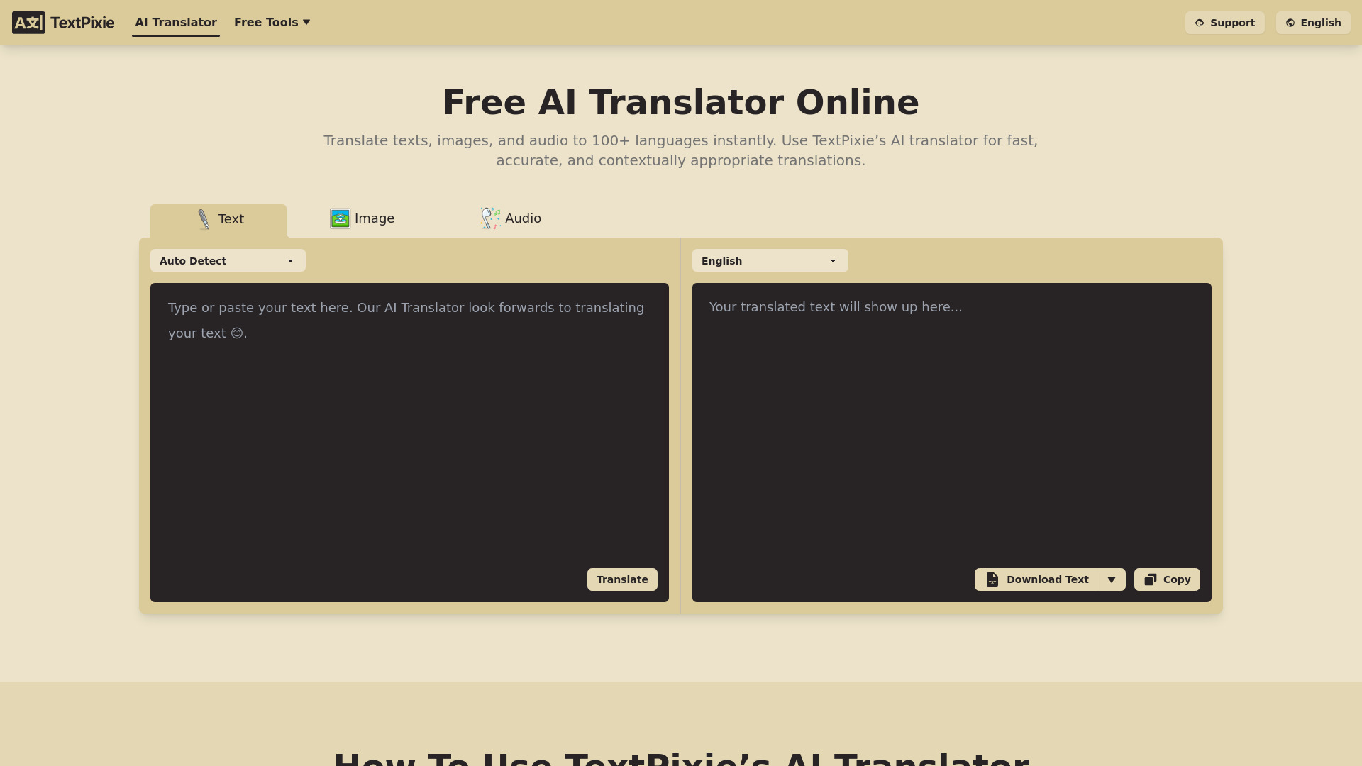 Textpixie - AI translator converting text, images, audio, documents into 100+ languages with ...